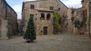 Um edifício de pedra com um pinheiro de Natal em frente.