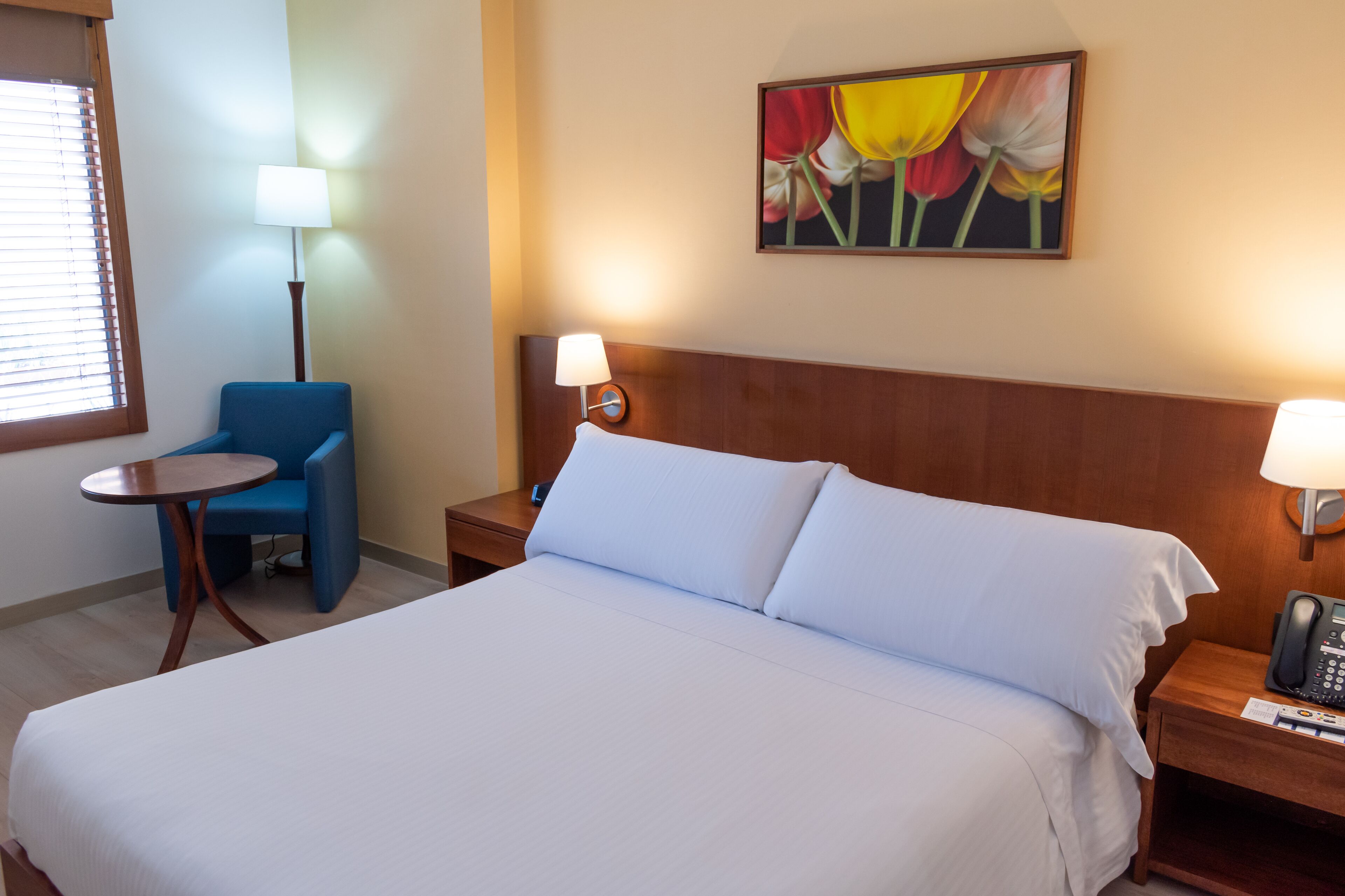 Quarto de hotel com uma cama grande, uma cadeira azul, uma mesinha, um criado-mudo com abajur e um quadro com flores na parede.