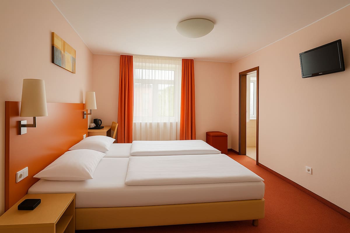 Quarto de hotel com duas camas, televisão, escrivaninha com abajur, cadeira e pequena mesa com cafeteira.