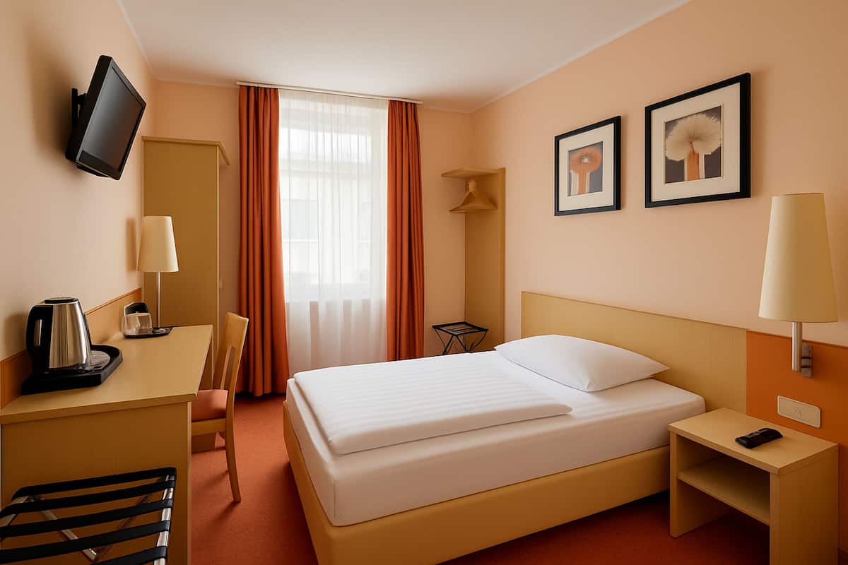 Quarto de hotel com uma cama, uma escrivaninha, uma cadeira, uma televisão, uma mesa de cabeceira e duas molduras na parede.