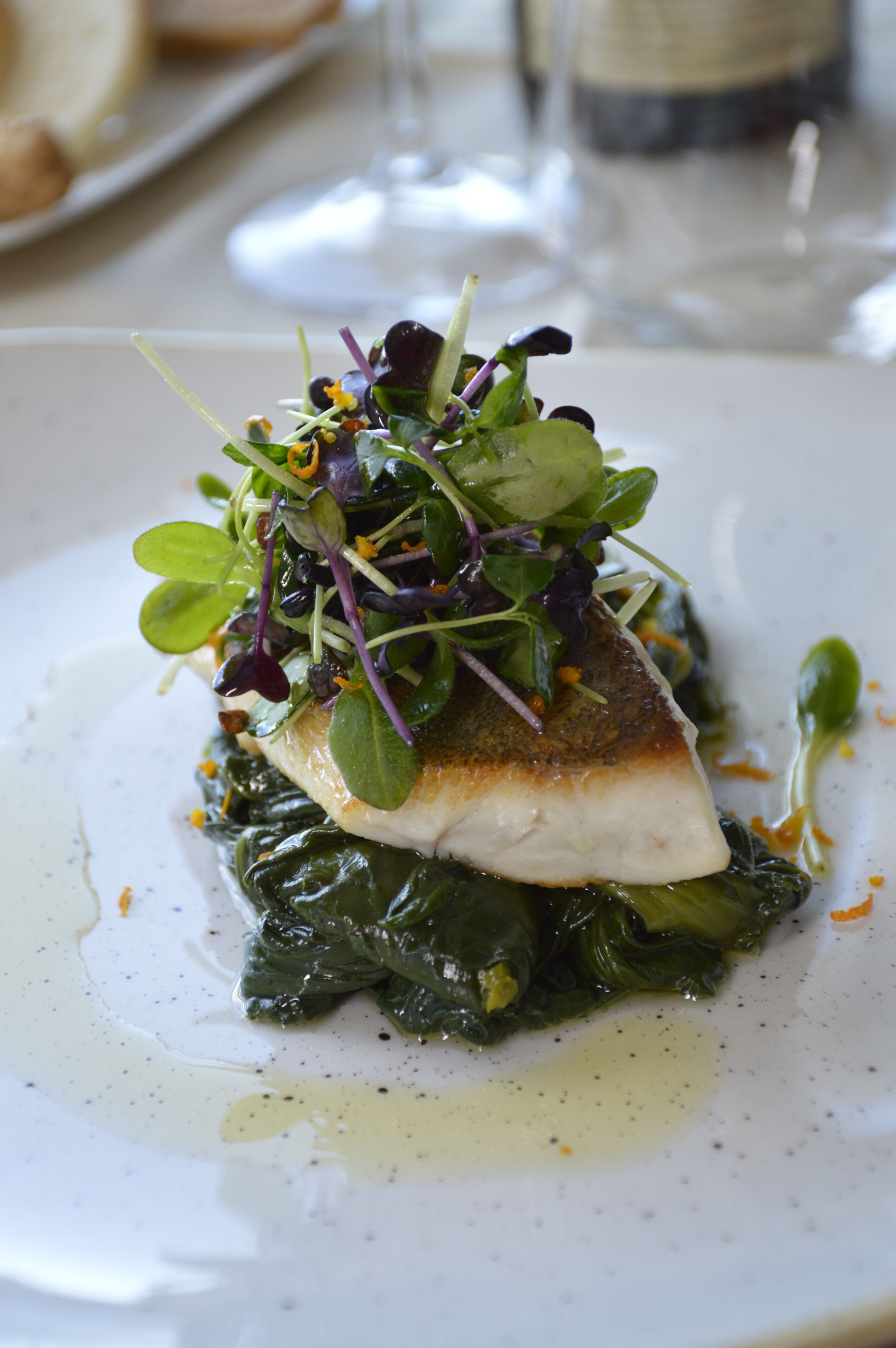 Um prato com um pedaço de peixe, vegetais e brotos.
