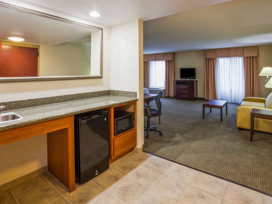 Quarto de hotel com cozinha equipada, incluindo pia, micro-ondas e lava-louças, área de estar com sofá e poltronas, e uma televisão.