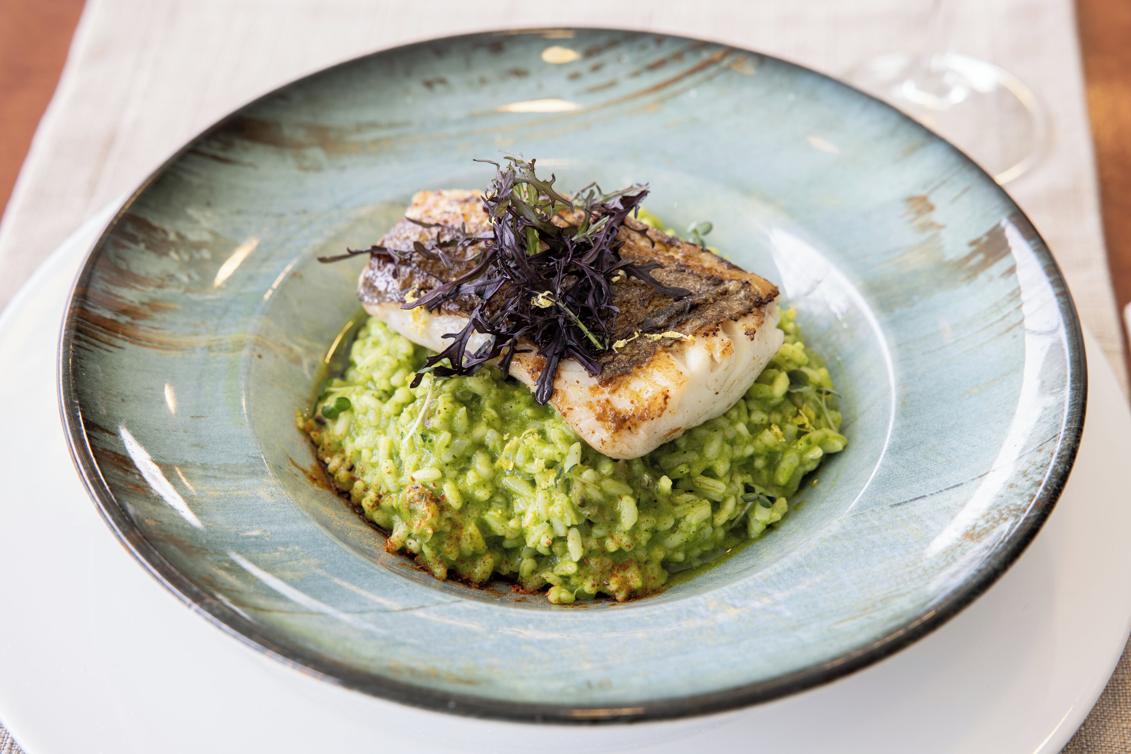 Um prato com um pedaço de peixe e um purê verde.