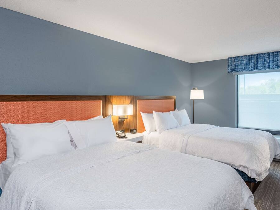Quarto de hotel com duas camas, uma mesa de cabeceira, uma luminária e uma janela com vista.
