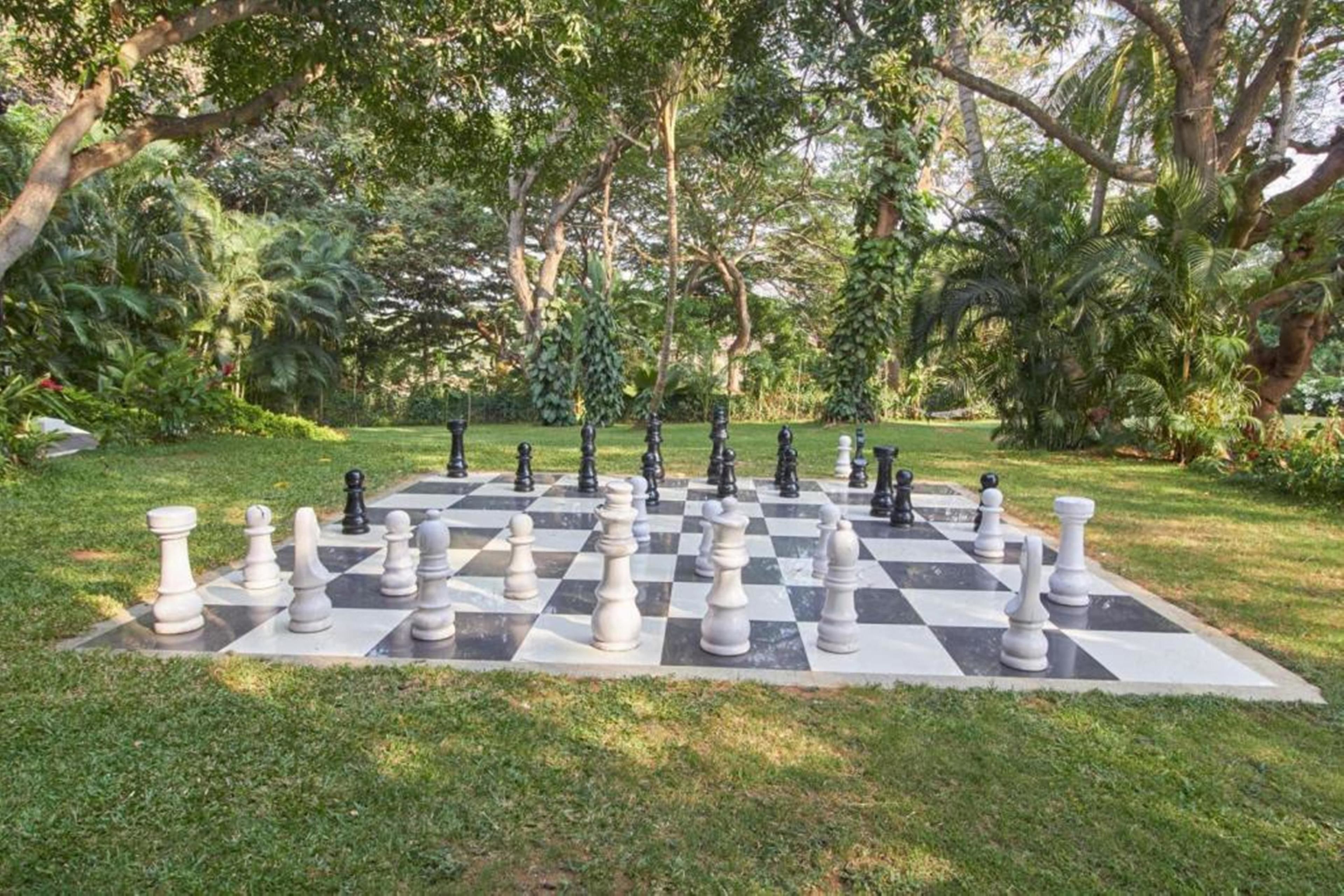 Um tabuleiro de xadrez ao ar livre, cercado por vegetação exuberante.