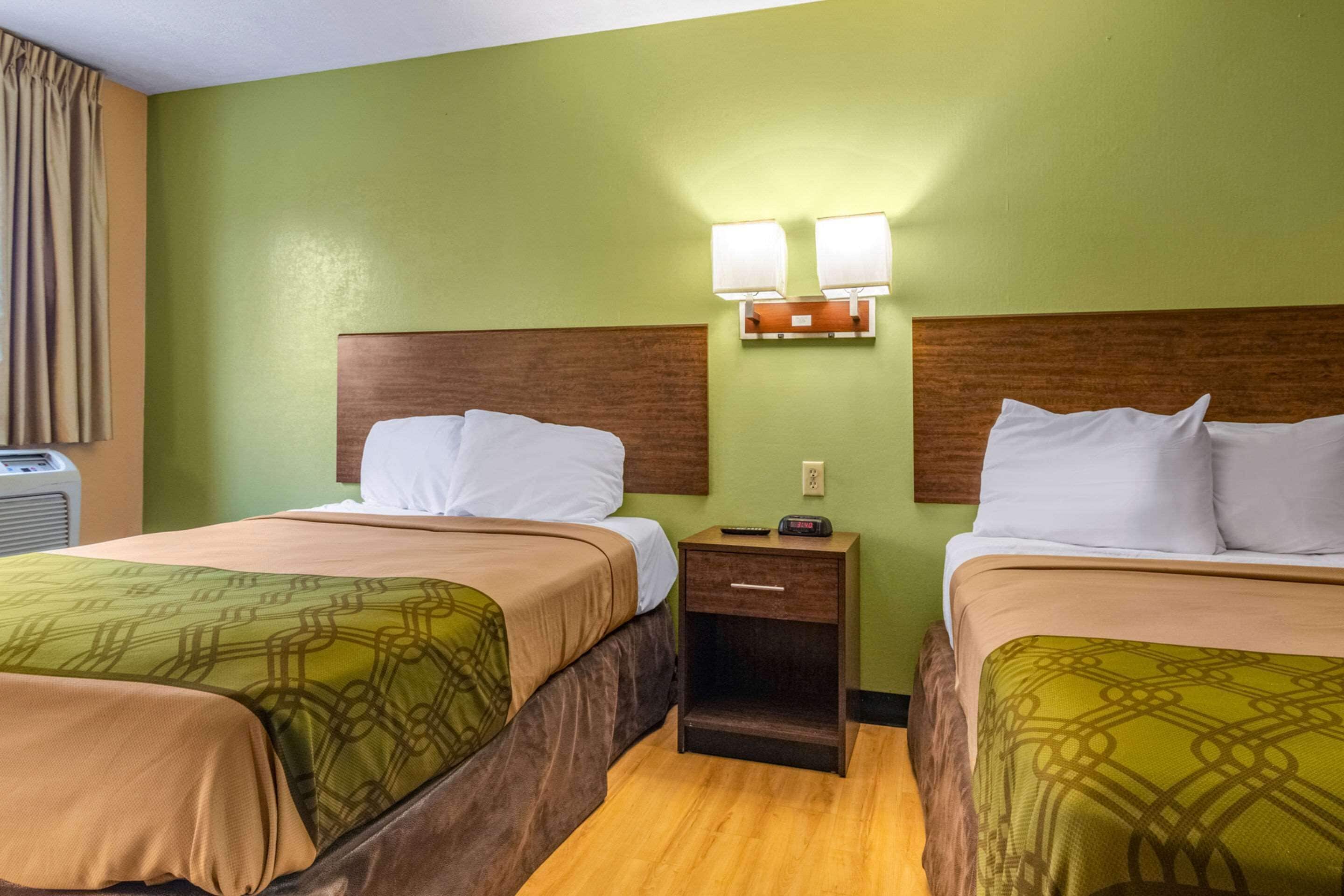 Quarto de hotel com duas camas, paredes verdes, cabeceiras de madeira e uma mesinha de cabeceira com luminária.