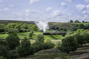 Uma locomotiva a vapor percorrendo uma paisagem verdejante e exuberante, com colinas ondulantes e árvores.