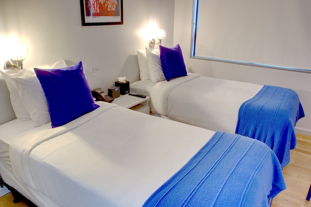 Quarto de hotel com duas camas, cada uma com roupa de cama branca e cobertores azuis, uma mesa de cabeceira com abajur e um quadro na parede.