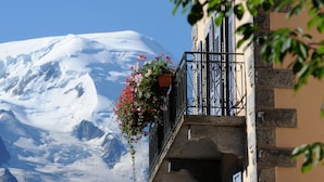 Uma varanda com um vaso de flores pendurado e vista para uma montanha coberta de neve.