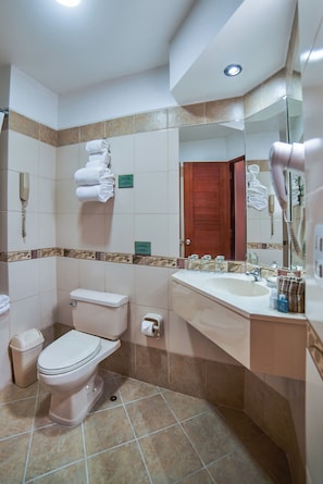 Casa de banho com sanita, lavatório e espelho. Toalhas penduradas na parede e um secador de cabelo no balcão.