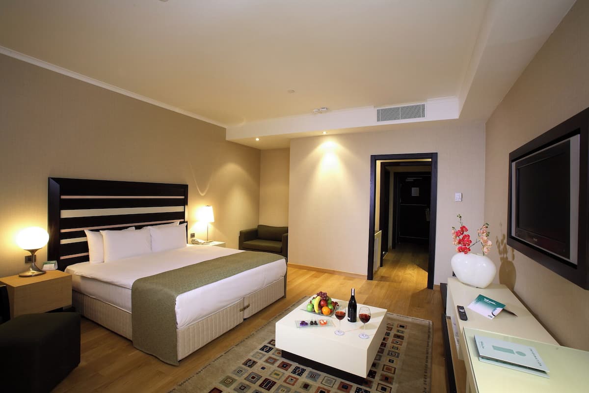 Quarto de hotel com uma cama grande, mesas de cabeceira, uma escrivaninha com um vaso e uma televisão.