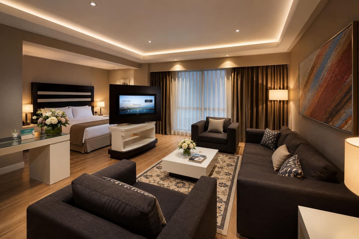 Quarto de hotel moderno com cama, televisão, sofá, mesa de centro e escrivaninha.