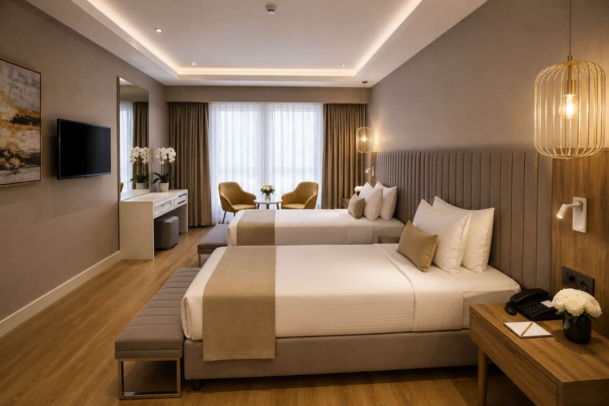 Standard Twin Room | Roupa de alta qualidade, cofre no quarto, cortinas/cortinados opacos 