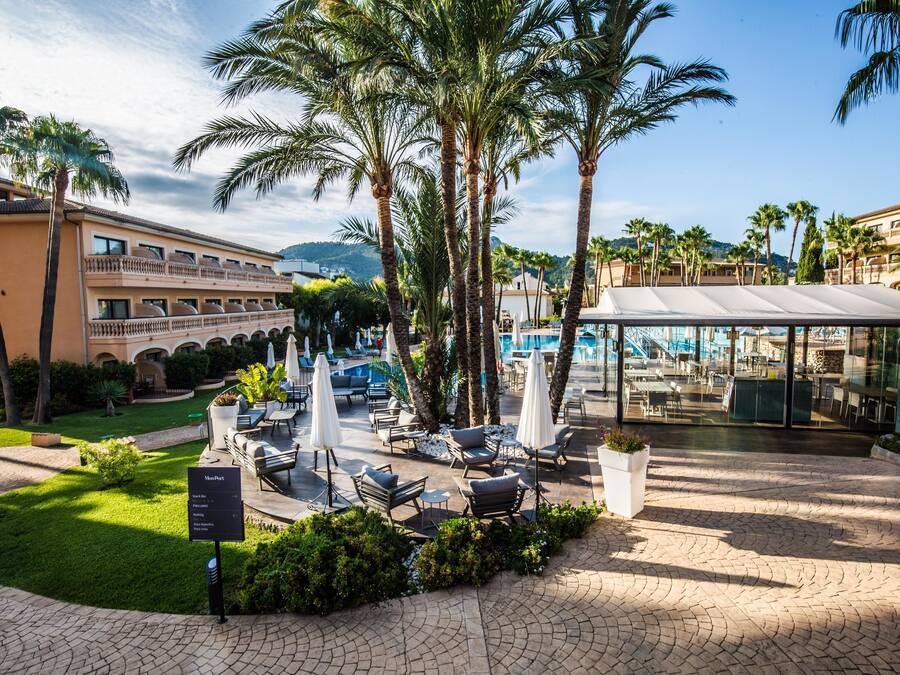 Pátio de hotel com palmeiras, área de estar externa e piscina.