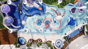 Um cruzeiro luxuoso com várias piscinas, incluindo um toboágua central e diversas atrações aquáticas.
