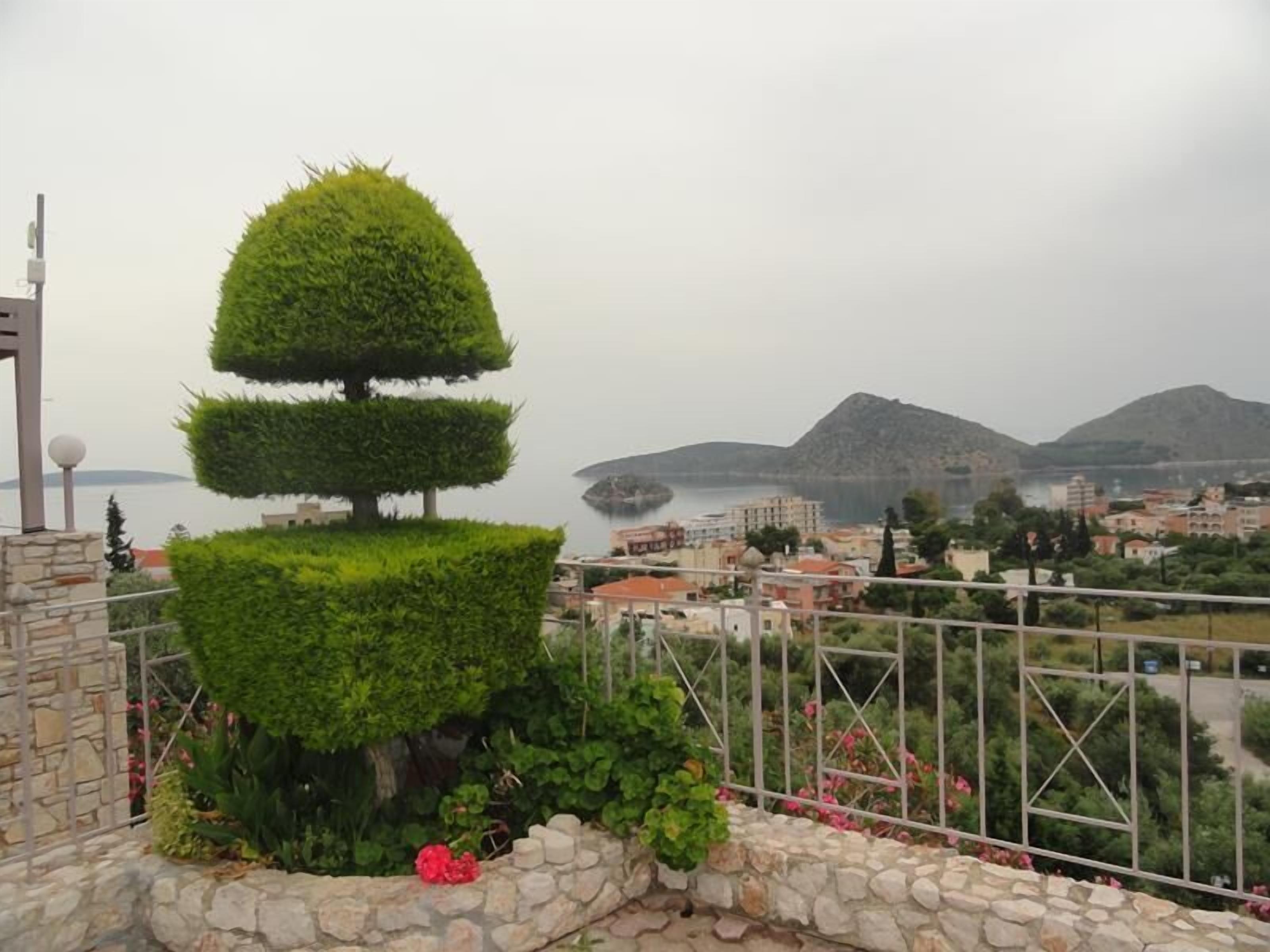 Uma árvore topiária em níveis numa varanda, com vista para uma vila costeira e montanhas.