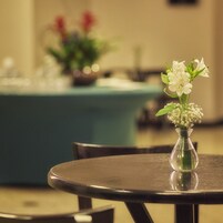 Uma mesa redonda com um vaso de vidro transparente contendo flores brancas e gravetos de florista, sobre um fundo desfocado de um quarto com toalha de mesa verde-água e cadeiras.