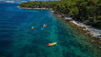 Uma área costeira com águas azul-turquesa translúcidas, margens rochosas e árvores verdes densas.