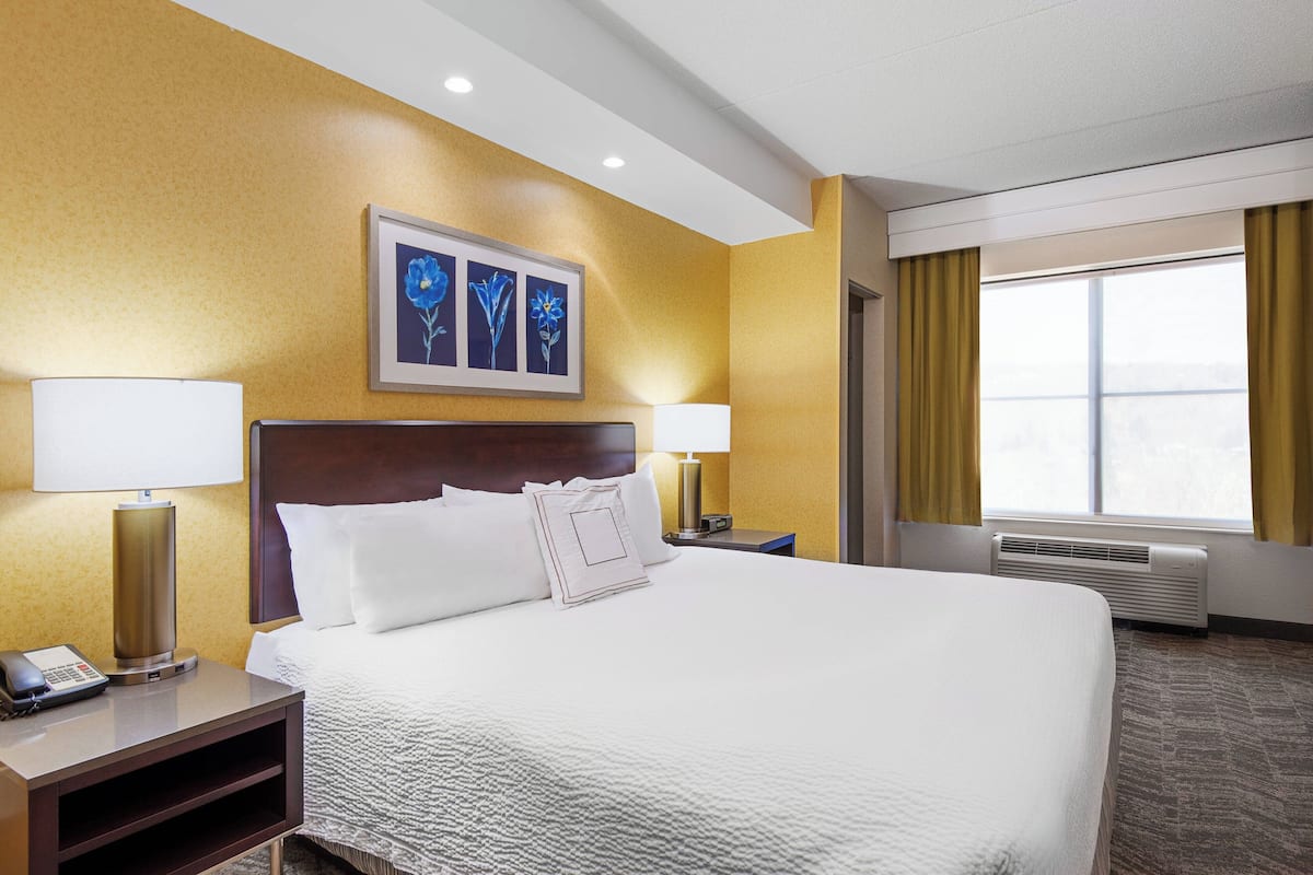 Quarto de hotel com cama grande, duas mesas de cabeceira com abajures, uma pintura floral emoldurada acima da cama e uma janela com cortinas.