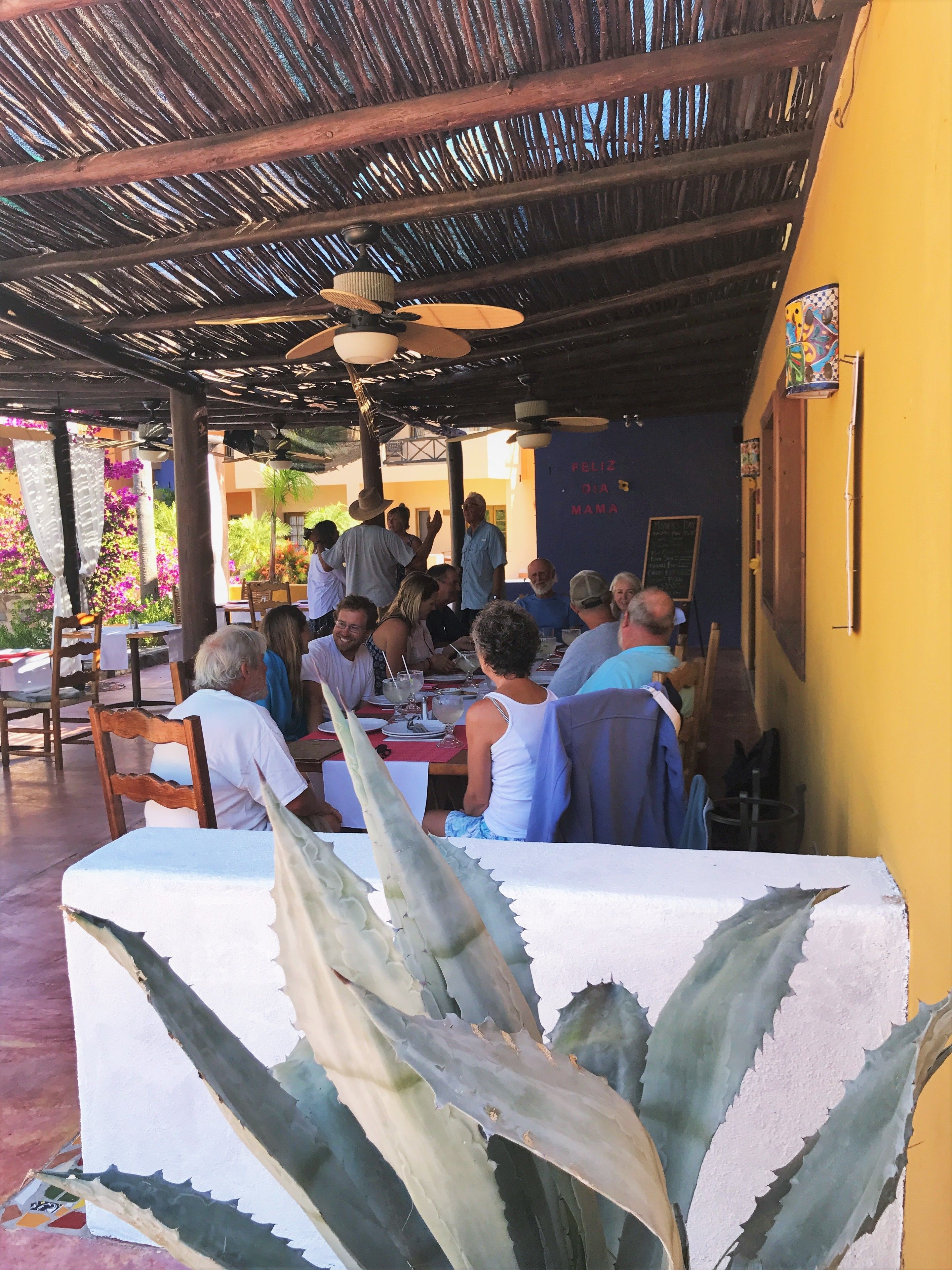 Um restaurante com telhado de palha, mesas e cadeiras de madeira.