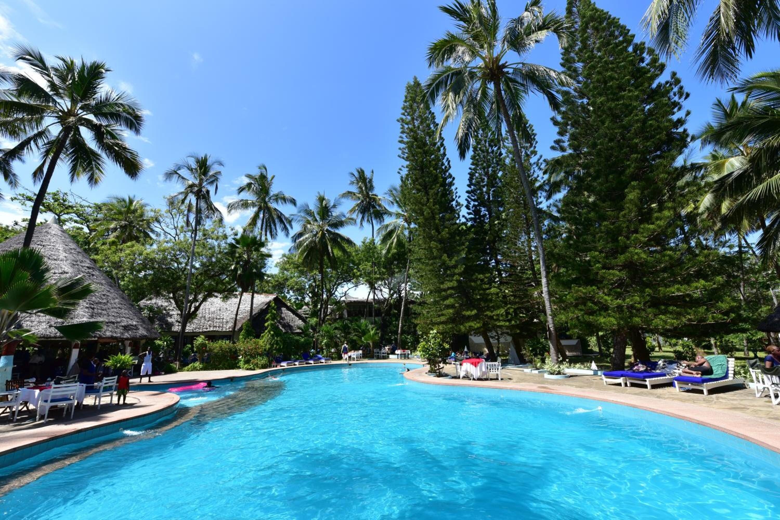 Piscina com espreguiçadeiras e palmeiras.