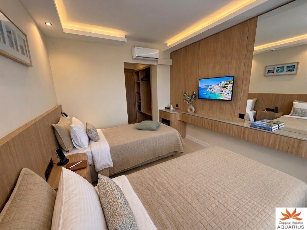 Quarto de hotel com duas camas, uma televisão, painel de parede de madeira e uma pequena mesa com uma planta.