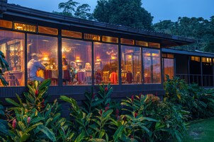 Pequenos-almoços, almoços, jantares servidos, com vista para o jardim 