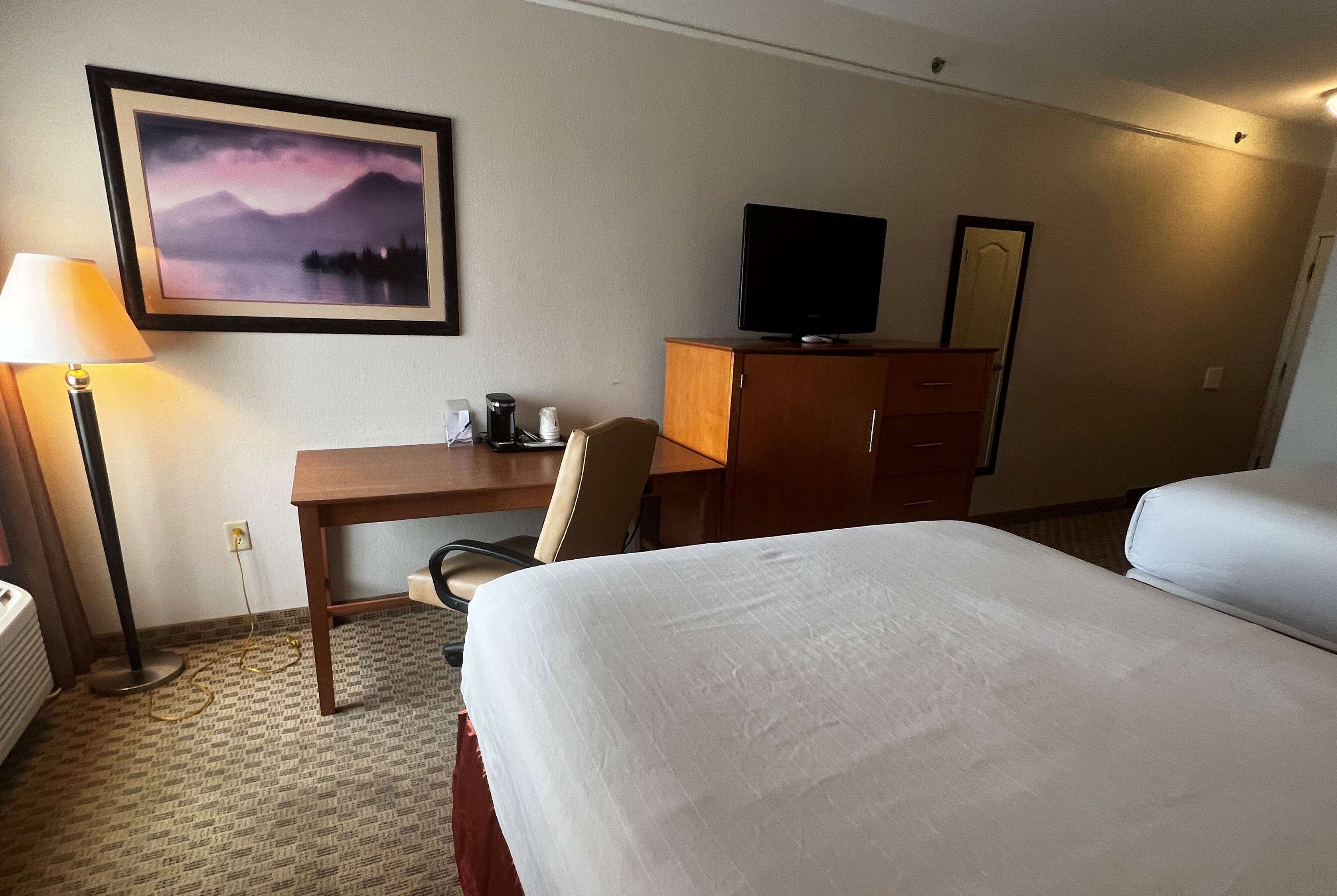 Quarto de hotel com cama, escrivaninha, cadeira, televisão e um quadro na parede.