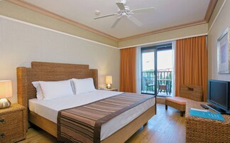 Quarto de hotel com cama, poltrona, televisão, varanda com vista e ventoinha no teto.