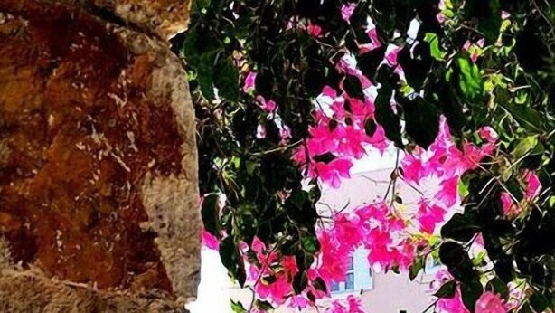 Uma área de piscina com espreguiçadeiras e uma parede de pedra.