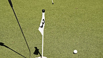 Um campo de golfe com haste de sinalização, uma bola de golfe e um taco de golfe.
