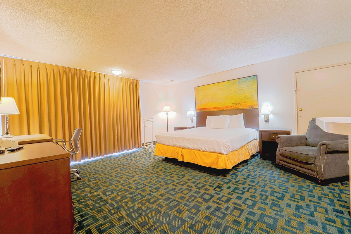 Quarto de hotel com uma cama, escrivaninha, cadeira, luminária e um quadro na parede.