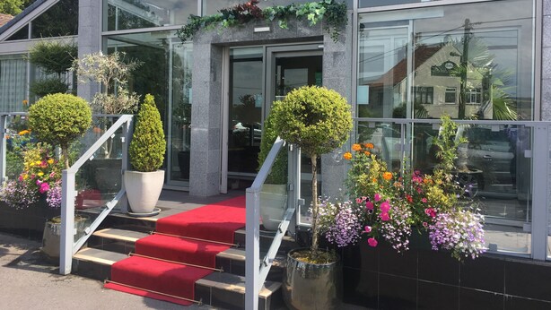 Entrada moderna de hotel com fachada de vidro, escada revestida de carpete vermelho e plantas em vasos.