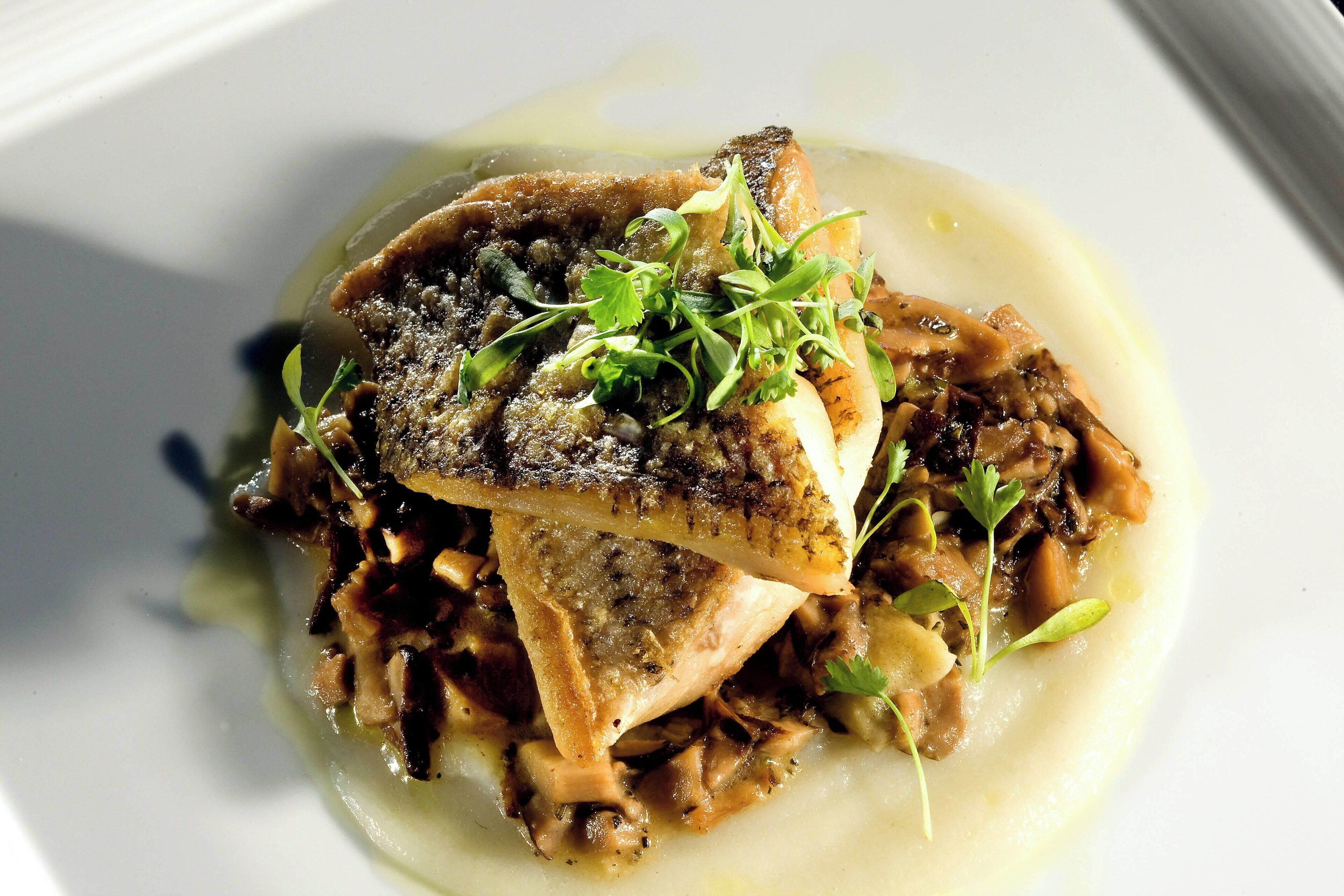 Prato com peixe, cogumelos e vegetais verdes.