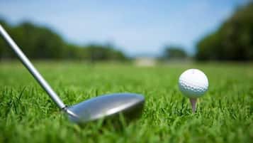 Uma bola de golfe em um tee num campo relvado, com um taco de golfe por perto.