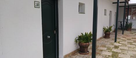 Entrada de um prédio com porta verde, plantas em vasos e um caminho de azulejos.
