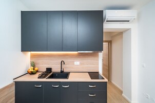 Apartment 1 bedroom patio Ground Floor | Cozinha privada | Um frigorífico, um micro-ondas, uma placa de cozinha 