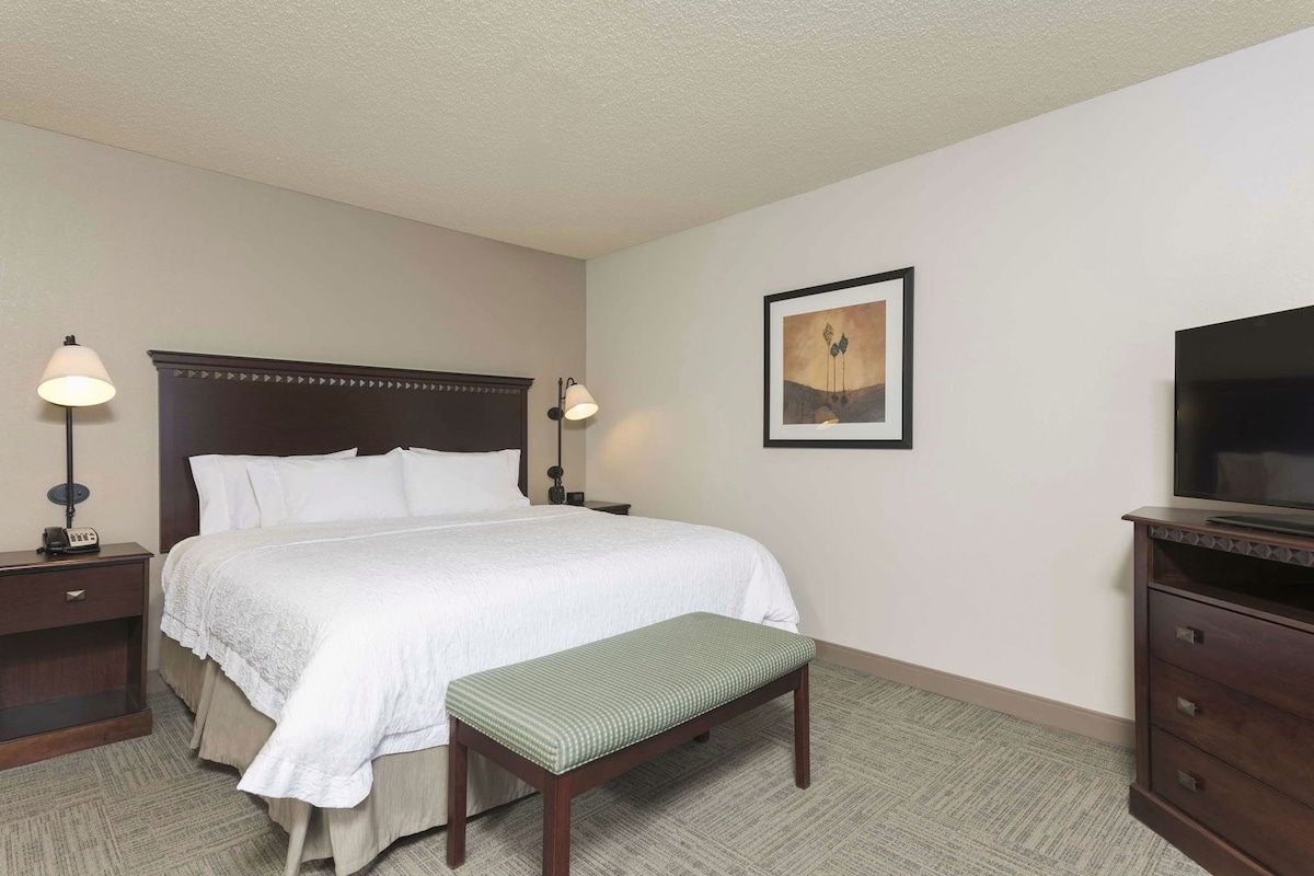 Quarto de hotel com uma cama grande, abajures, um banco, uma TV e um quadro na parede.
