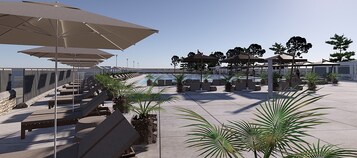 Piscina externa sazonal, guarda-sóis, espreguiçadeiras