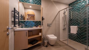 Casa de banho moderna com chuveiro, sanita e toucador.