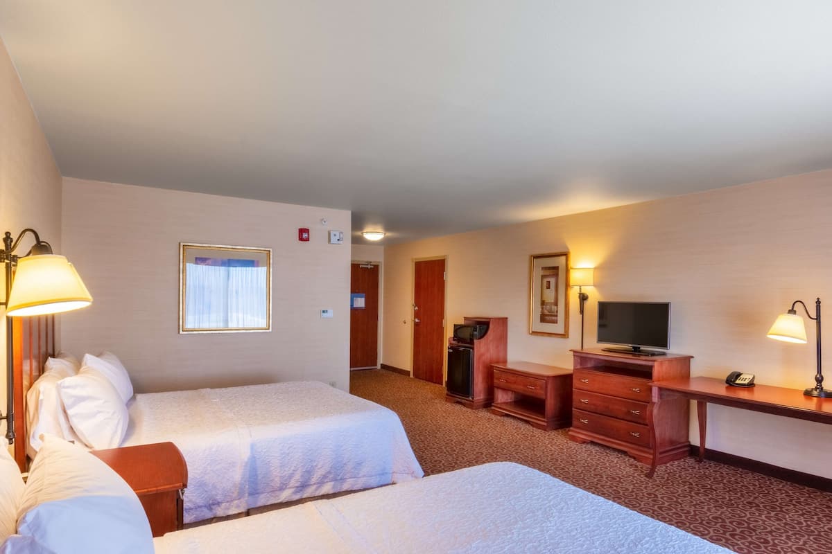 Quarto de hotel com duas camas, uma escrivaninha, televisão e minibar.