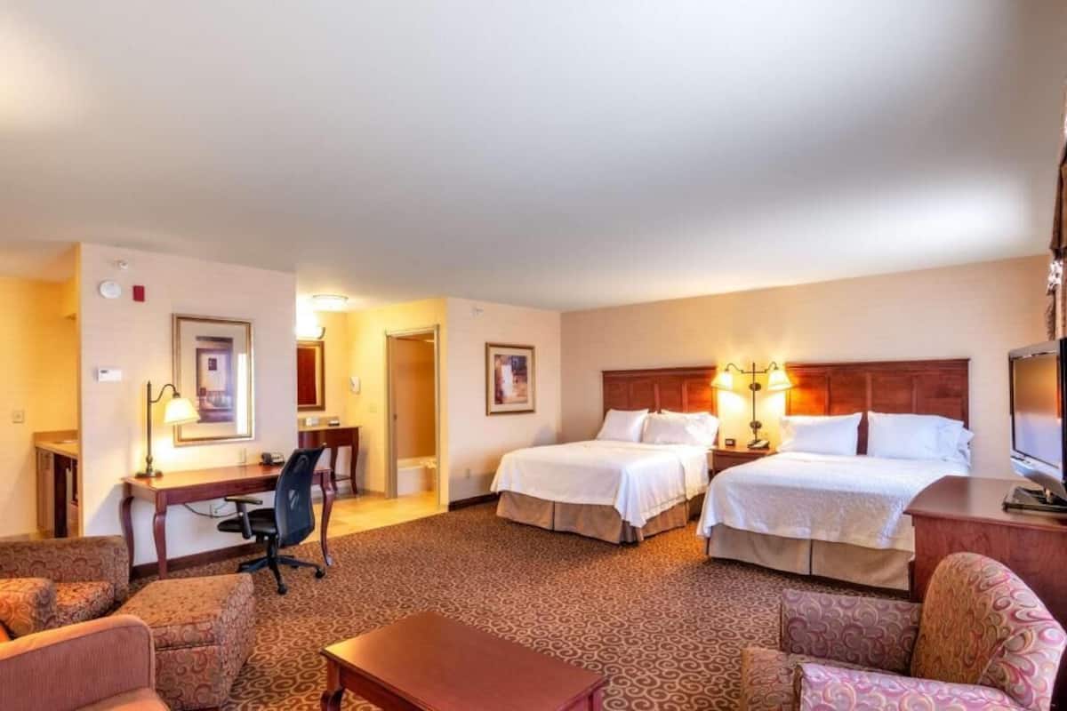 Quarto de hotel com duas camas, uma escrivaninha, uma cadeira, uma televisão e um tapete estampado.