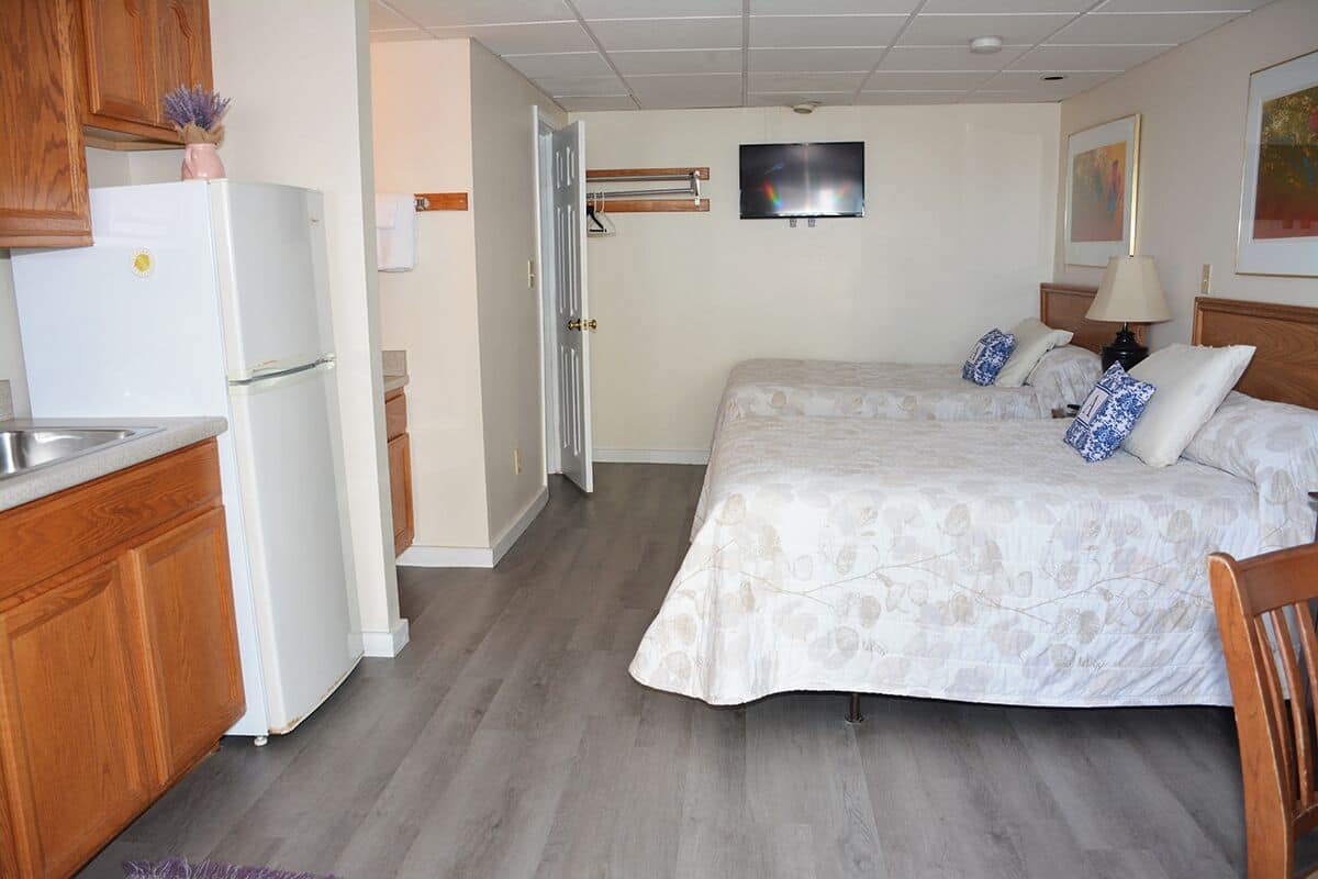 Quarto de hotel com uma cama, televisão, armário de madeira e frigorífico.
