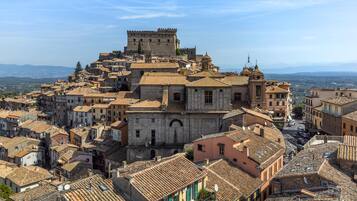 Uma cidade histórica com um castelo imponente em uma colina, edifícios com telhados de terracota e uma vista clara da paisagem ao redor.