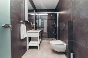 Suite-Estúdio Premium, 1 quarto, Vista para a cidade | Casa de banho | Artigos de higiene ecológicos, um secador de cabelo, chinelos 