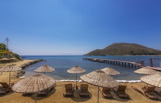 Uma praia privada, espreguiçadeiras, guarda-sóis de praia 