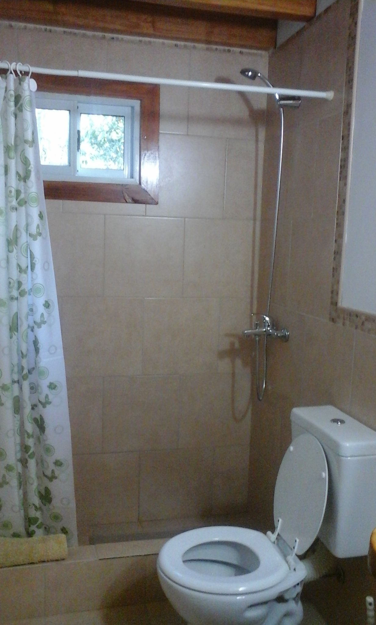 Casa de banho com chuveiro, sanita e janela sobre o chuveiro.