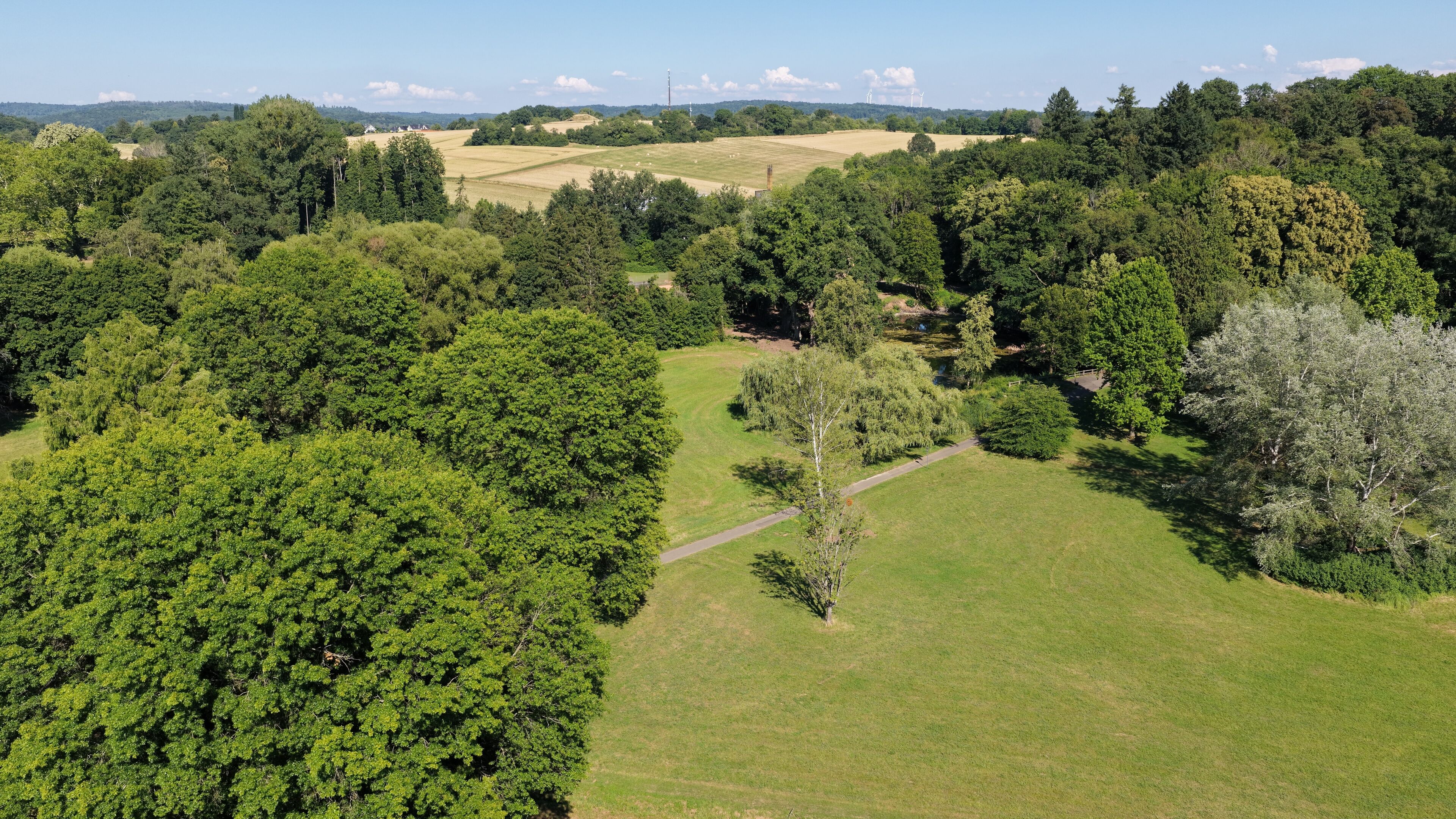 Vista aérea de uma paisagem verde exuberante, com densa vegetação, campos abertos e um caminho sinuoso.