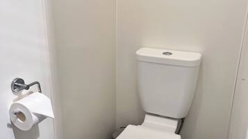 Uma sanita pequena e branca, com botão de descarga e porta-papel higiénico na parede.