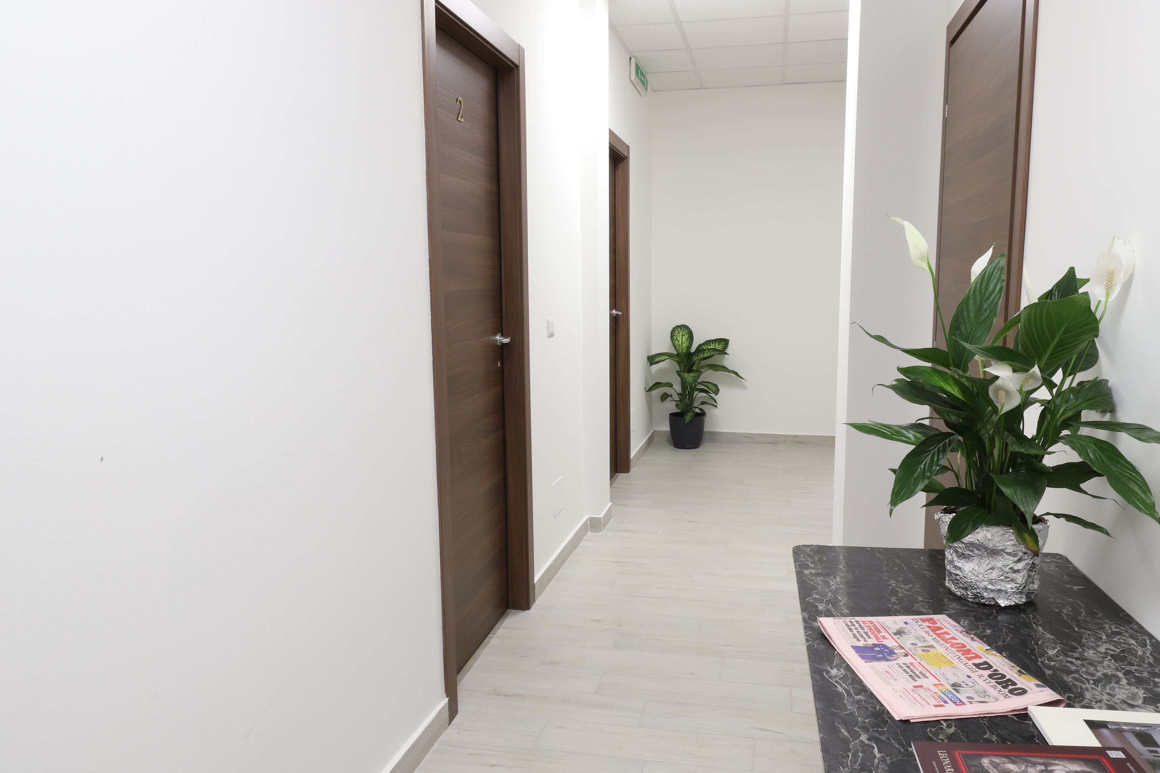 Um corredor com portas de madeira, uma mesa de mármore com um jornal e plantas em vasos.
